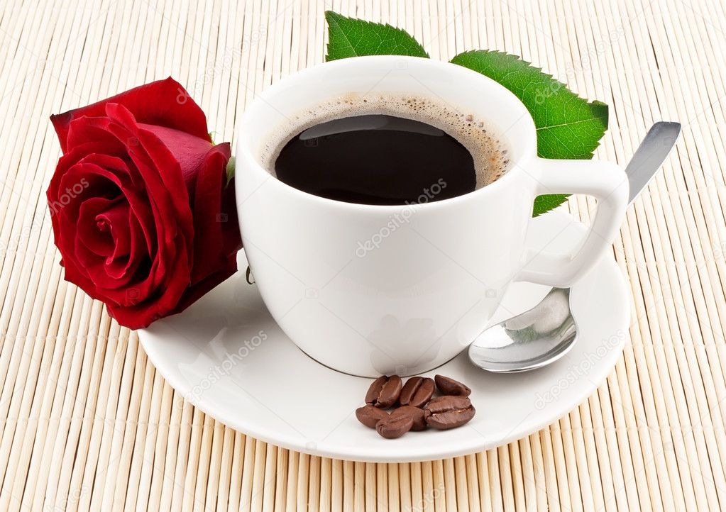 Cup of coffee and red rose — Stock Photo © seralex #6473470