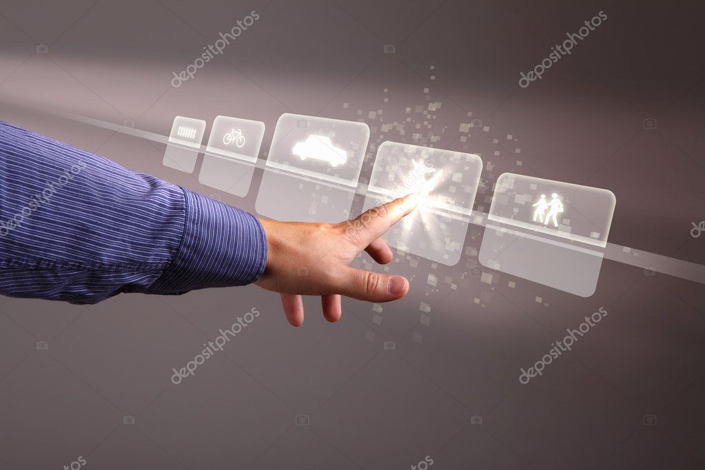 Hand touching screen with buttons on it Stock Photo by ©SergeyNivens ...
