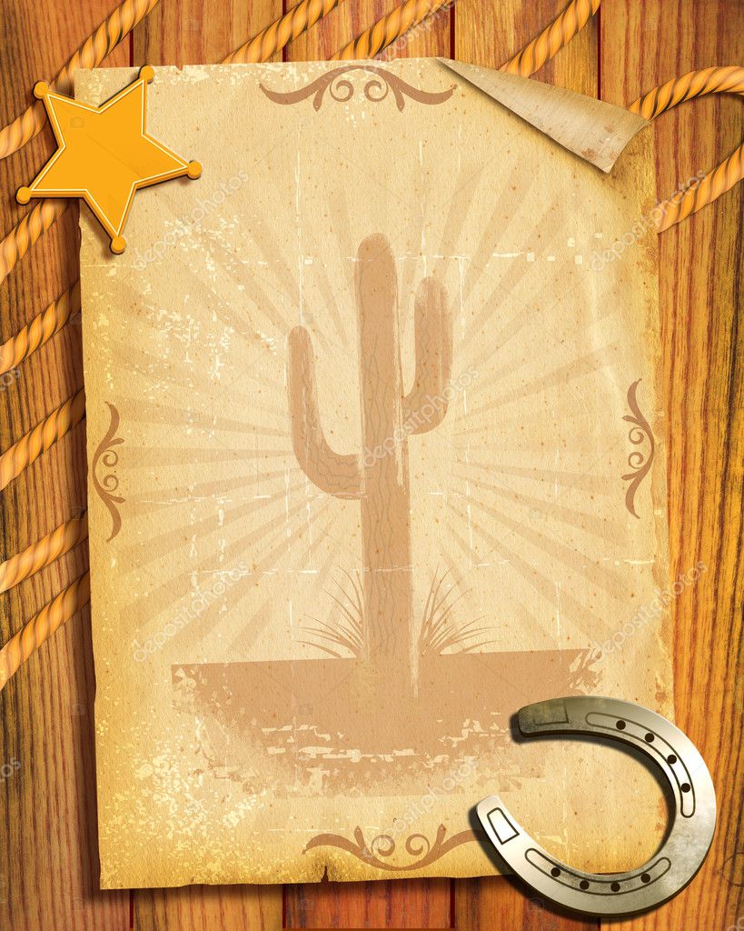 Cowboy style.Old paper background with sheriff star and horsesho ...