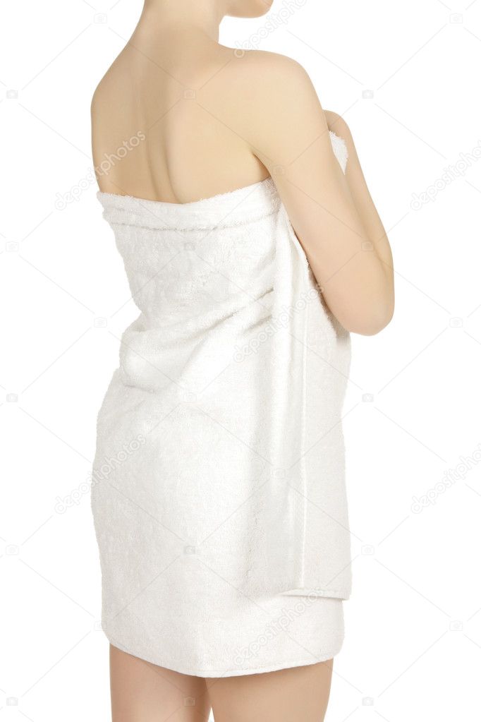 Woman wrapped in a towel posing on white background Stock Photo by ...