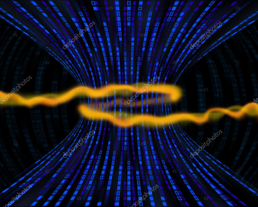 Flowing blue boxes representing binary code being constricted by ...