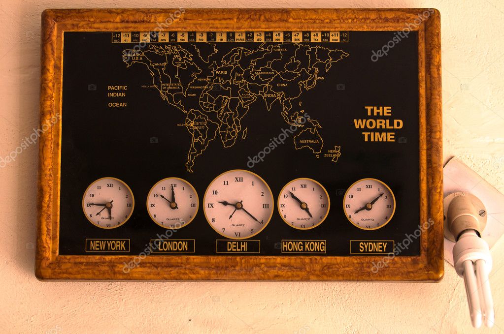 Clocks on a wall with time zone of different country — Stock Photo ...