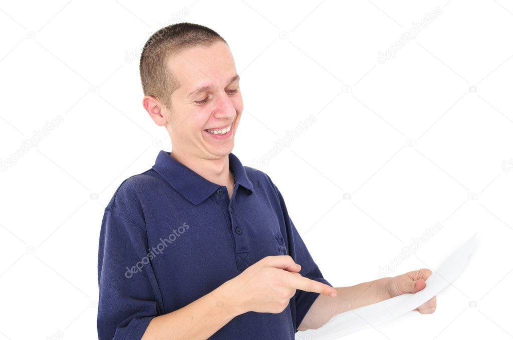 Young man looking at paper laughing — Stock Photo © elly_l #6270462