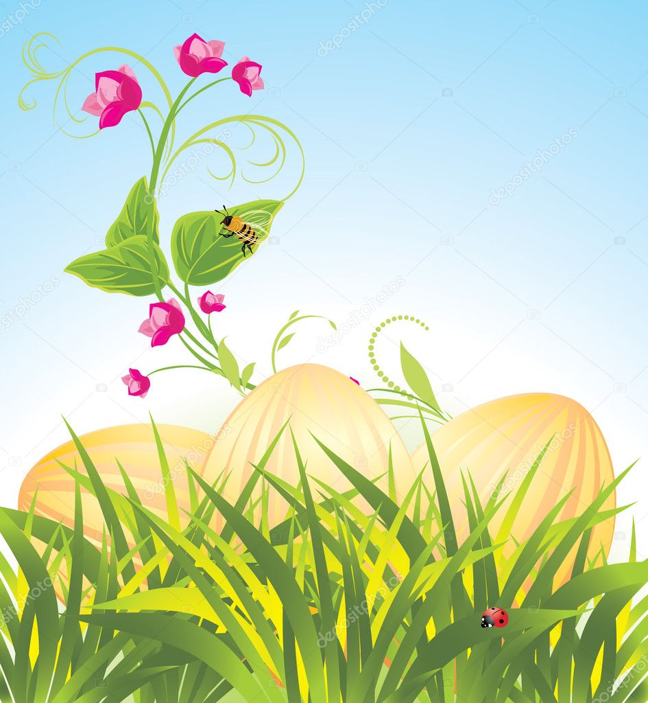 Easter eggs in the grass with flowers. Spring composition Stock Vector ...