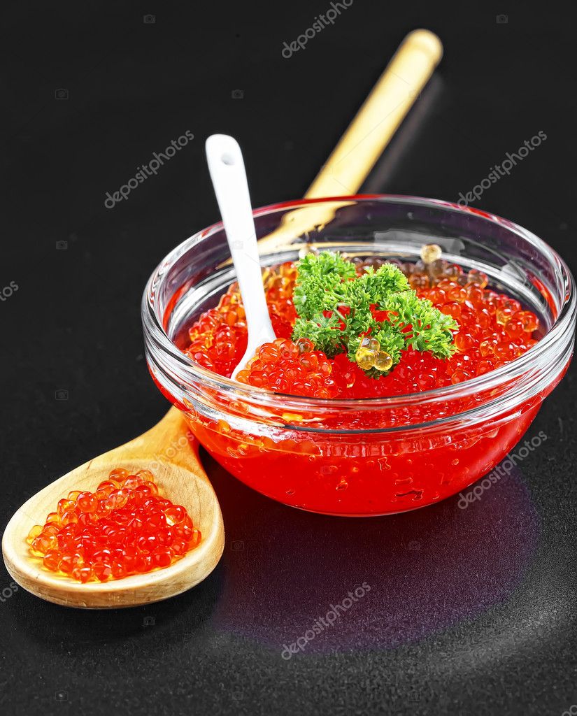 Caviar of sturgeon fish species - the red granular — Stock Photo ...