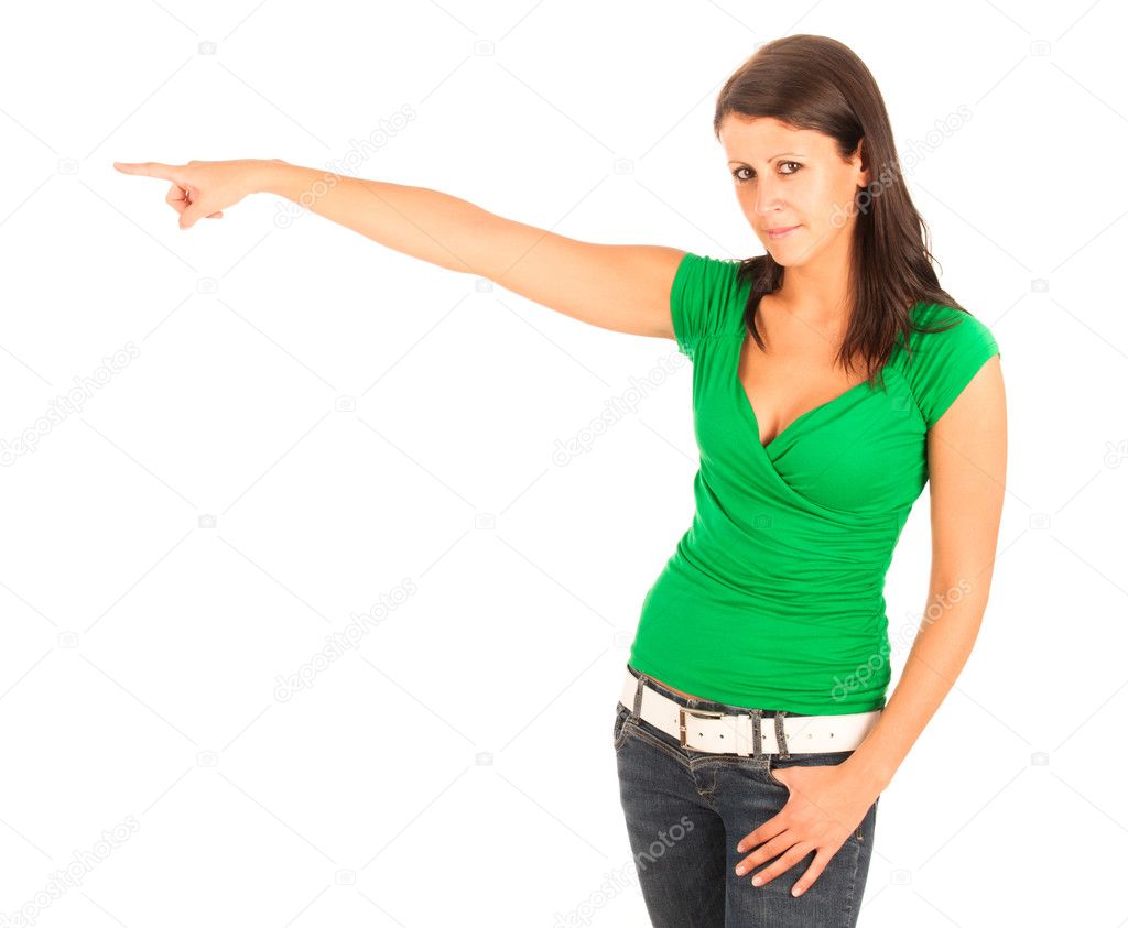 Young happy woman pointing to the side at copyspace — Stock Photo ...