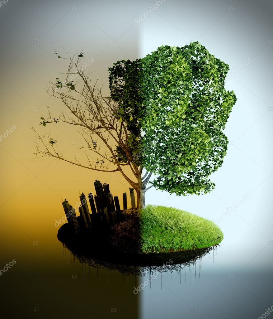 The tree costs on the polluted and pure earth ⬇ Stock Photo, Image by ...
