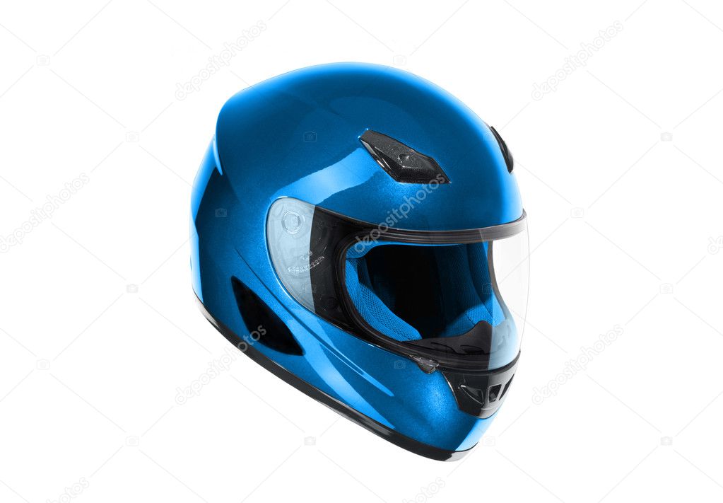 Blue, shiny motorcycle helmet Isolated on white background Stock Photo ...