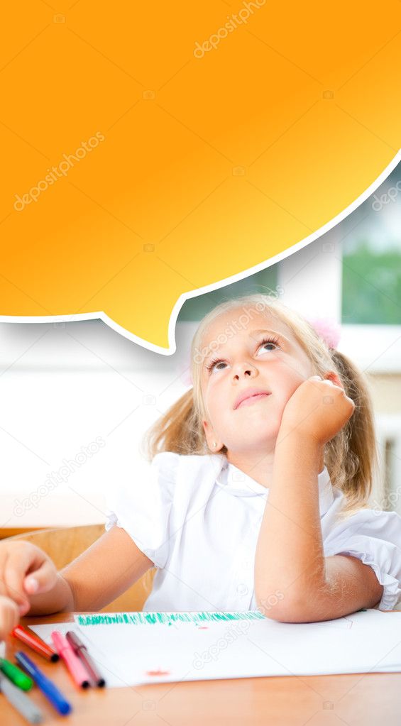 Little girl looking for a drawing concept wile painting picture — Stock ...