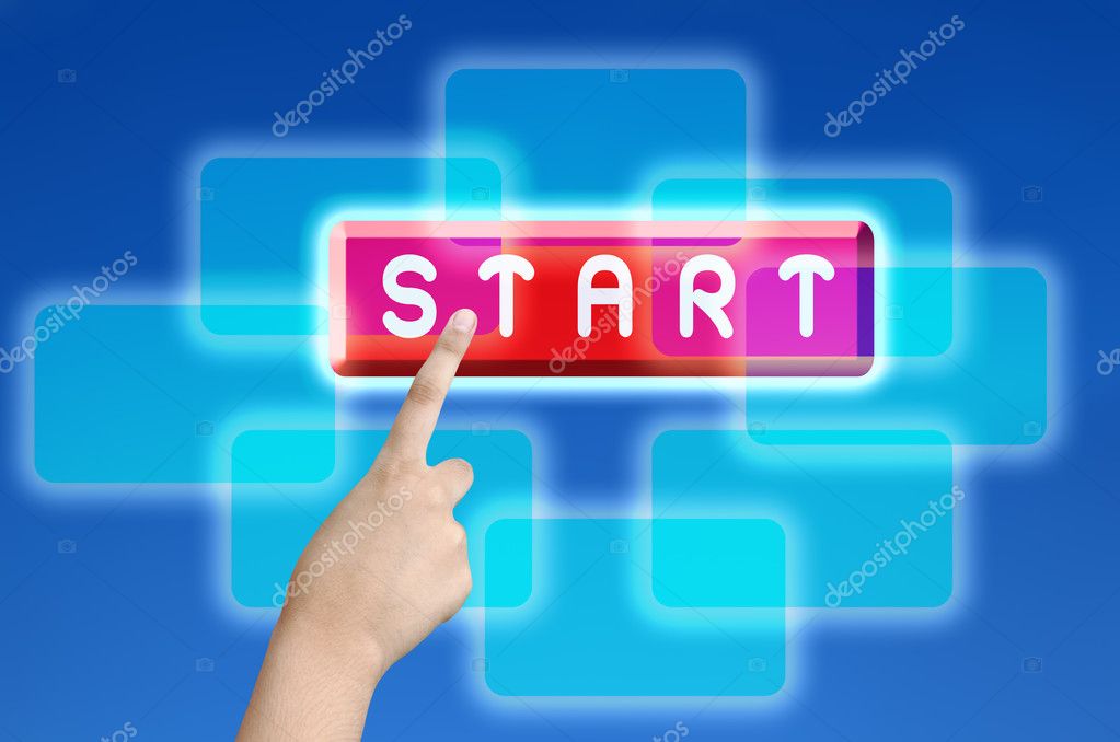Hand pressing start button on virtual touch screen — Stock Photo ...