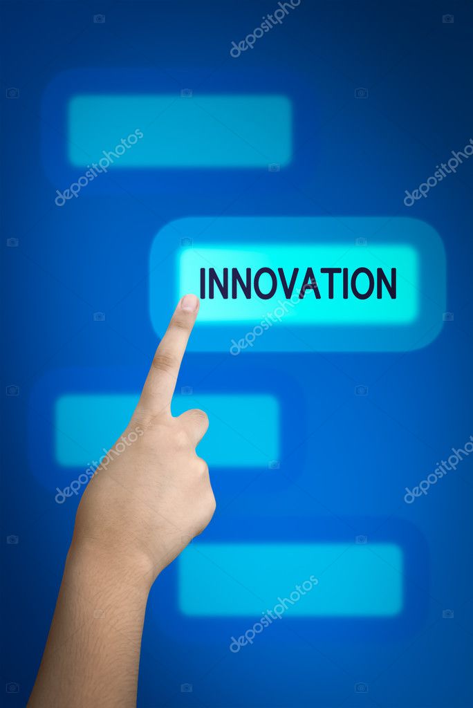Hand pressing innovation button on virtual touch screen — Stock Photo ...