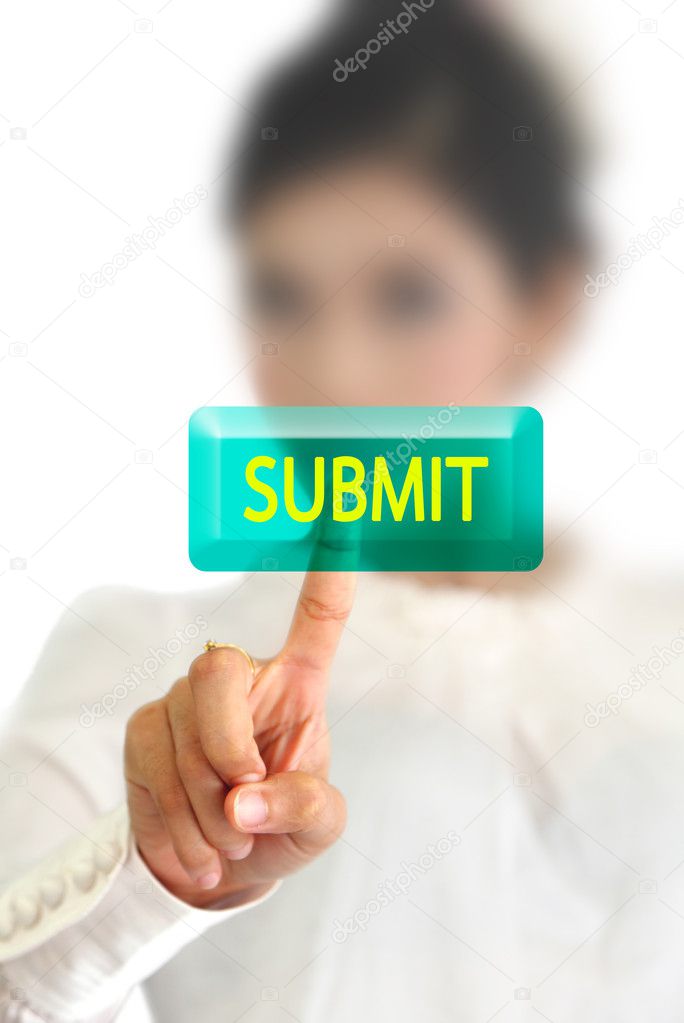 Woman hand pressing submit button on a touch screen — Stock Photo ...
