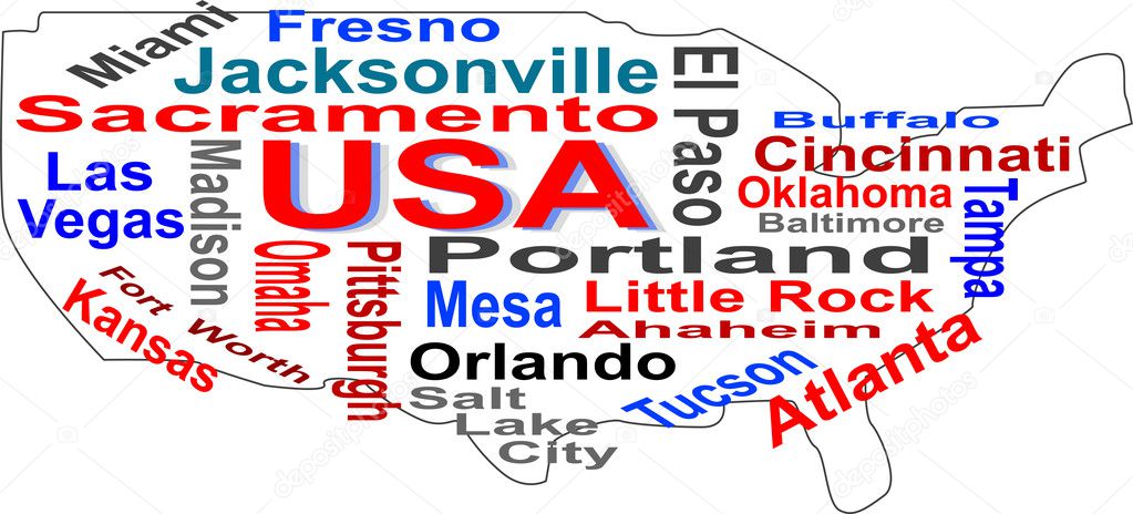 USA map words cloud with larger american cities Stock Vector Image by ...