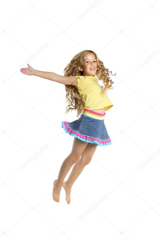 Little beautiful girl fly jumping isolated on white ⬇ Stock Photo ...