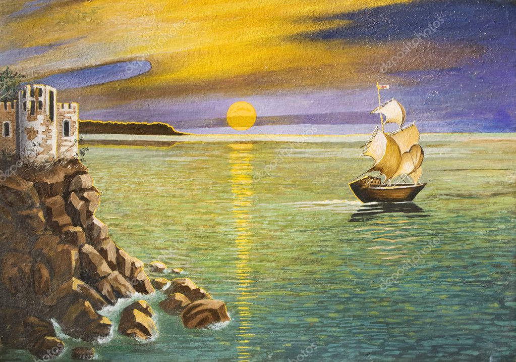 Sailing ship and castle — Stock Photo © Afonskaya #5793304