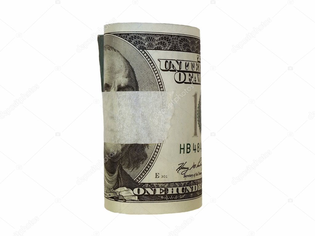 Rolled $100 dollar bills and adhesive tape isolated on white background ... Rolled $100 dollar bills and adhesive tape isolated on white background ...