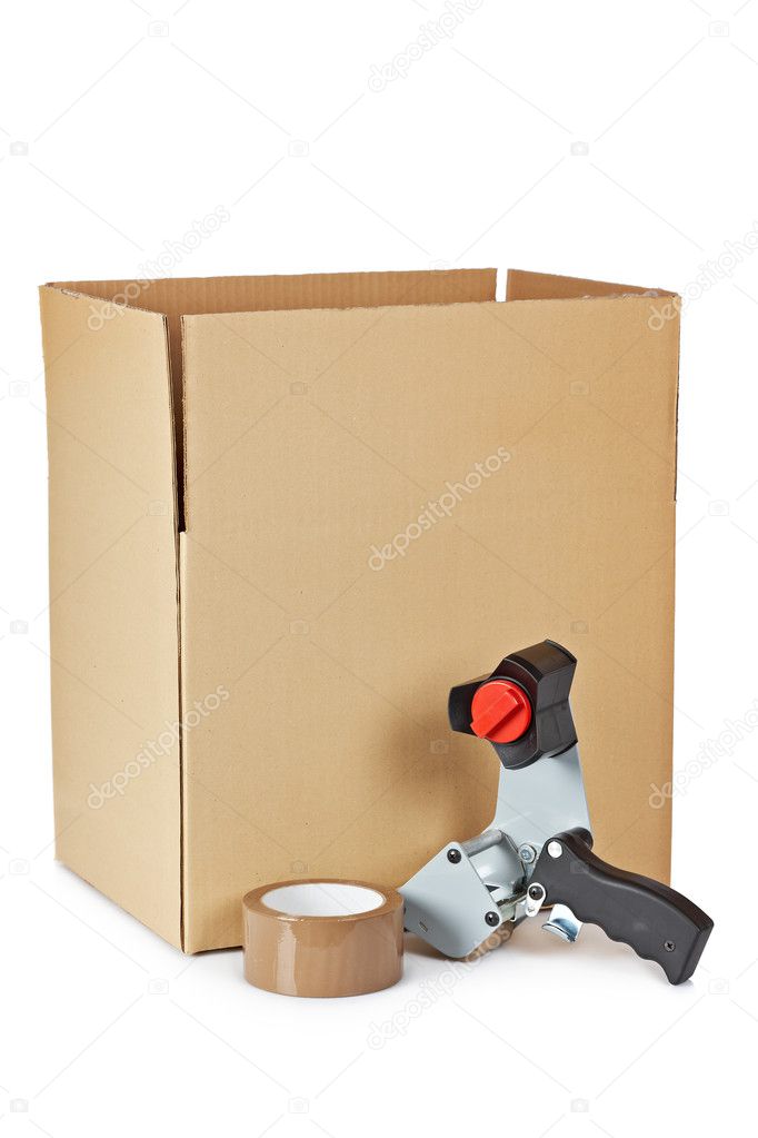 Packaging tape dispenser and shipping box Stock Photo by ©broker 6347039