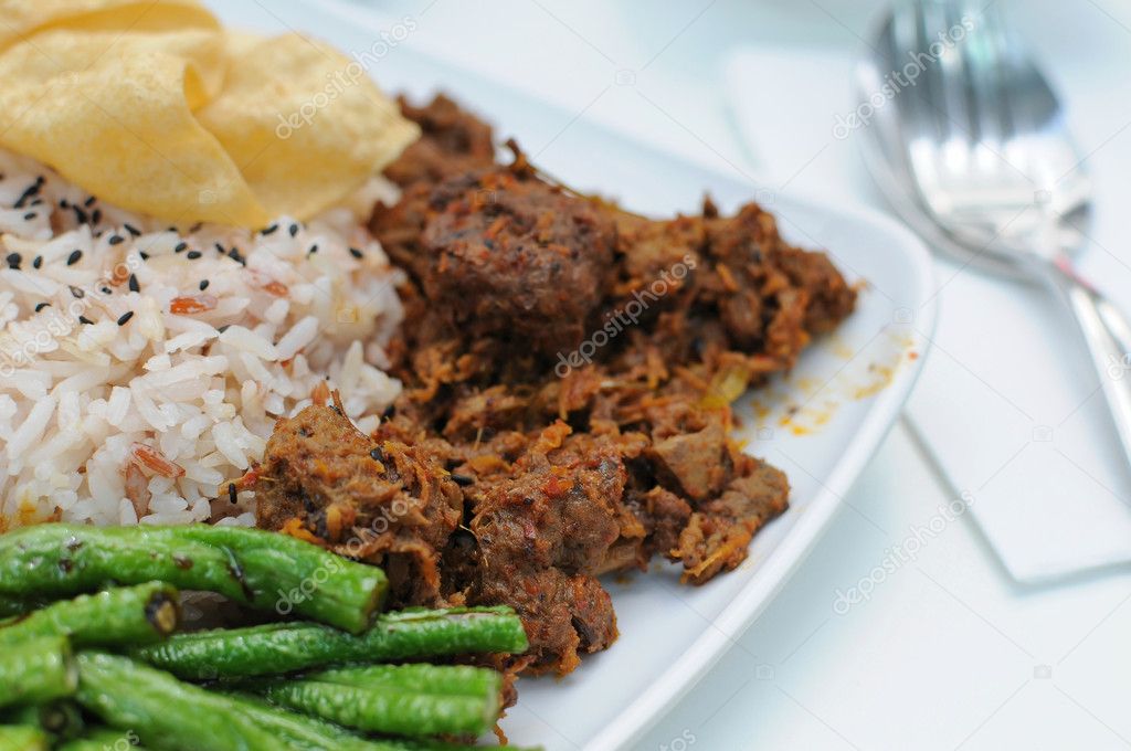 Malay vegetarian rendang chicken or mutton rice — Stock Photo © gnohz ...