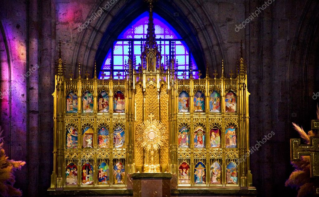 Golden Altar with Blue Stained Glass Background, Temple of Atone ...