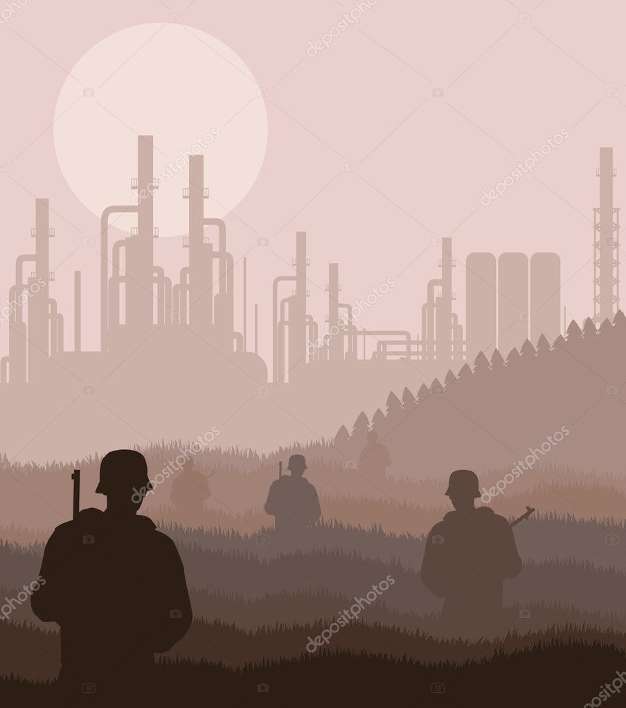 Army guarded nuclear power plant in wild landscape illustration Stock ...