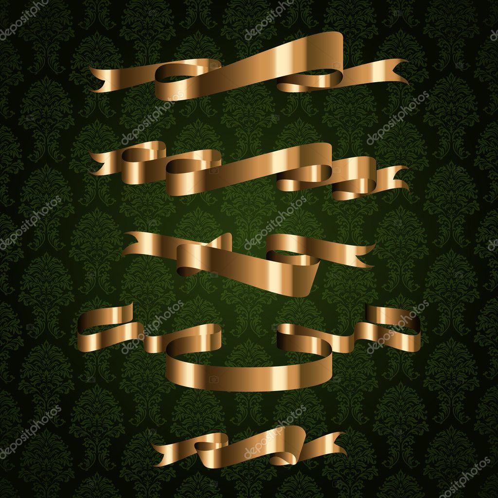 Golden royal design ribbon element on green pattern background Stock ...